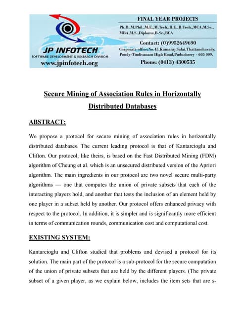 Secure Mining Of Association Rules In Horizontally Distributed Databases Pdf 0822