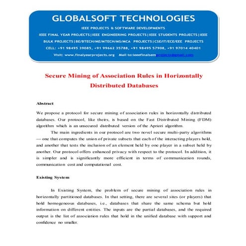 2014 Ieee Java Data Mining Project Secure Mining Of Association Rules In Horizontally