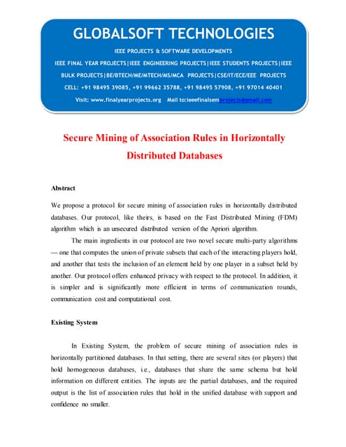 2014 Ieee Java Data Mining Project Secure Mining Of Association Rules In Horizontally