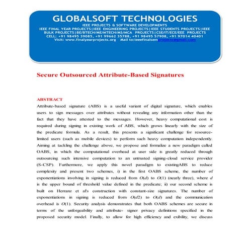 Ieee 2014 Java Data Mining Projects Secure Outsourced Attribute Based Signatures Pdf