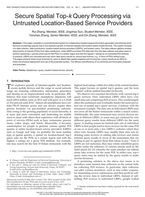 Secure Spatial Top K Query Processing Via Untrusted Location Based Service Providers Pdf