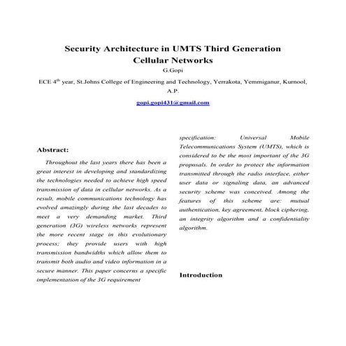 Security architecture in umts third generation | PDF