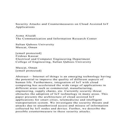 Security Attacks And Countermeasures On Cloud Assisted Iot App Docx