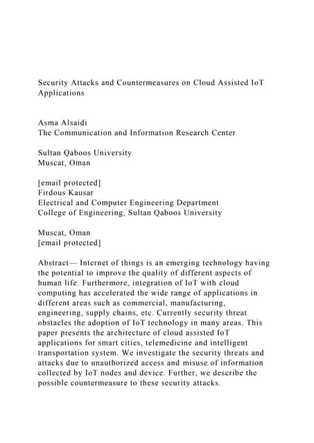 Security Attacks And Countermeasures On Cloud Assisted Iot App Docx