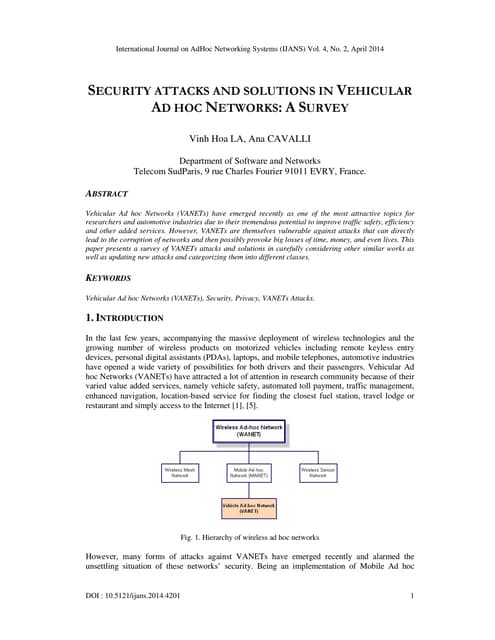 Security Attacks And Solutions In Vehicular Ad Hoc Networks A Survey Pdf