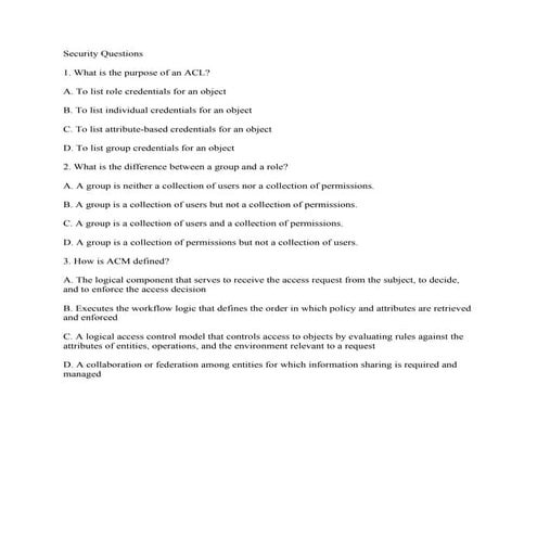 Security Questions 1- What is the purpose of an ACL- A- To list role c.pdf