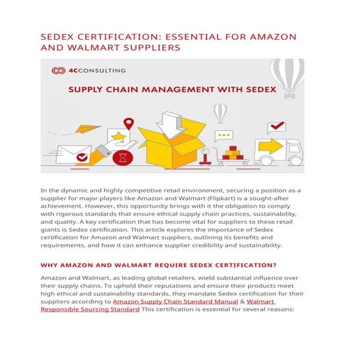 SEDEX CERTIFICATION- ESSENTIAL FOR AMAZON AND WALMART SUPPLIERS | PDF