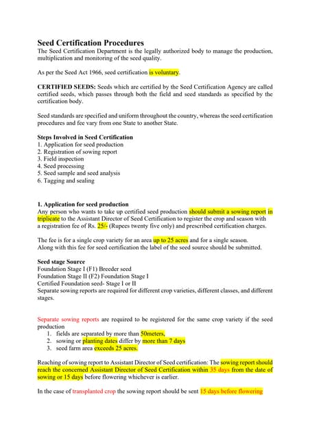 Indian Minimum seed certification standards: Field and Seed Standards ...