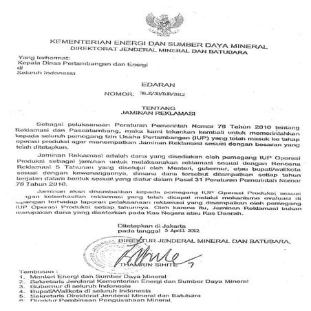 Surat Edaran Jaminan Reklamasi | PDF