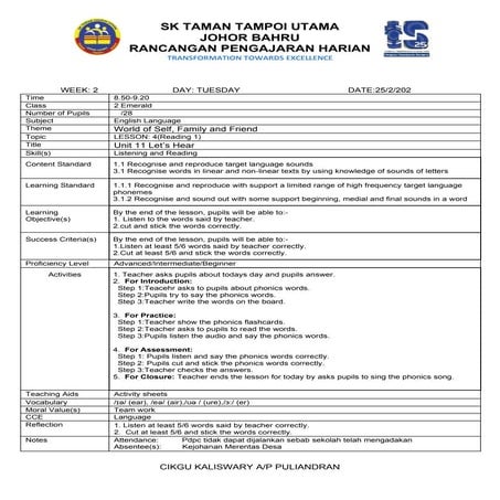 SELASA.pdf lesson plan activity level 1 school | PDF