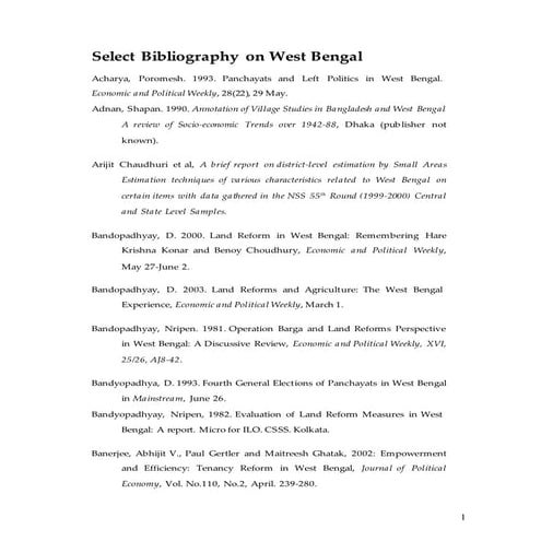 Select bibliography on West Bengal, India | DOCX | Land and Farms | Real Estate