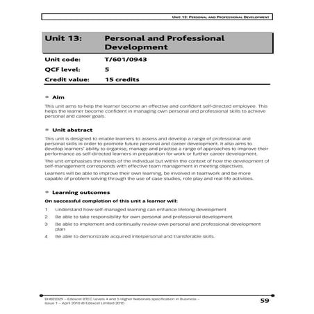 Personal & Professional Development. Unit Specification | PDF
