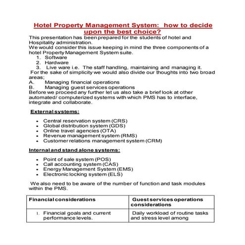 Selecting a hotel Property Management System | DOCX