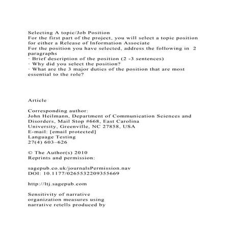 Selecting A topicJob PositionFor the first part of the project,.docx