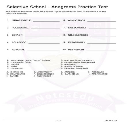 Selective school anagrams practice test | PDF