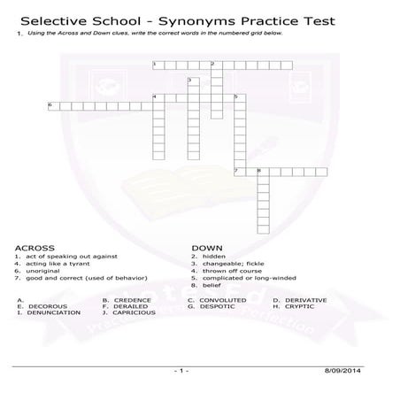 Selective school synonyms practice test | PDF | Educational Assessment ...
