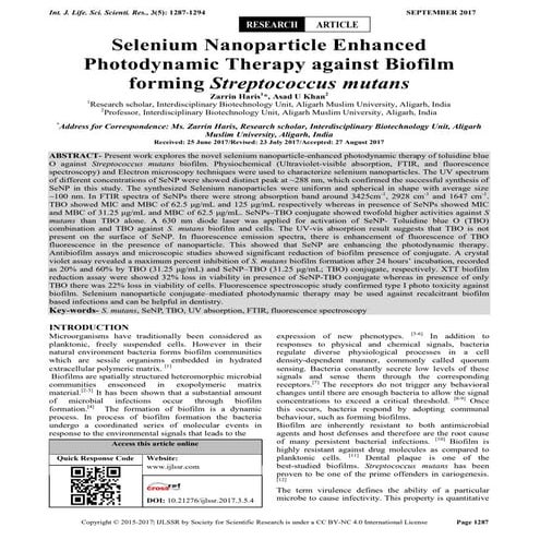 Selenium Nanoparticle Enhanced Photodynamic Therapy against Biofilm forming Streptococcus mutans ...