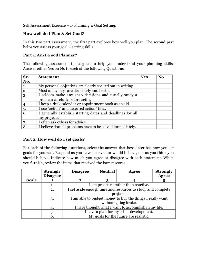 Self assessment exercise
