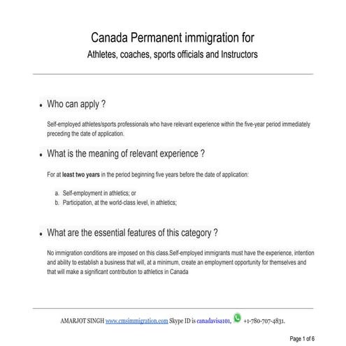 Immigration for Athletes, Sports professionals and Instructors | PDF