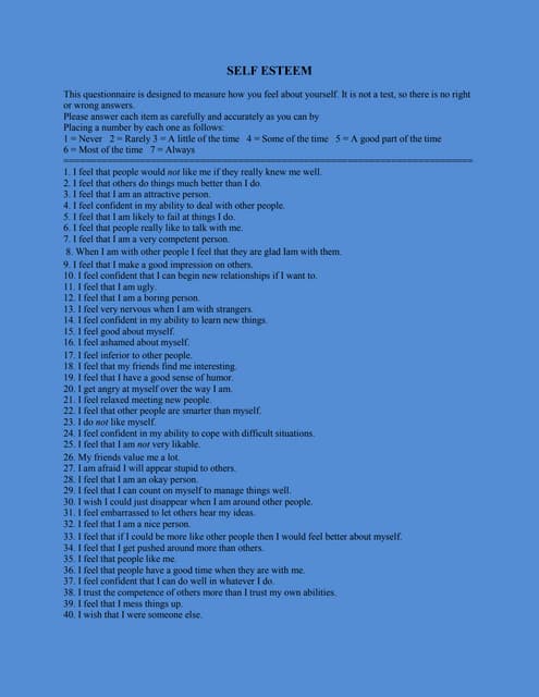 Self-esteem Questionnaire | PDF
