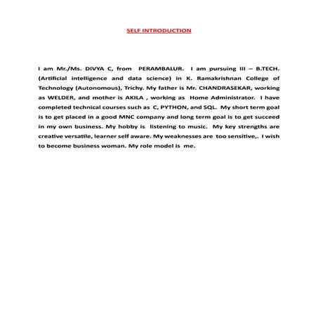 self introduction.docx - AD21015 DIVYA C | PDF