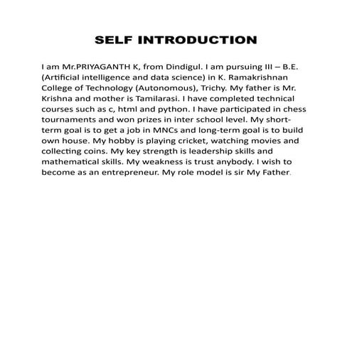 SELF INTRODUCTION-Roll.no AD21041-krct. | DOCX
