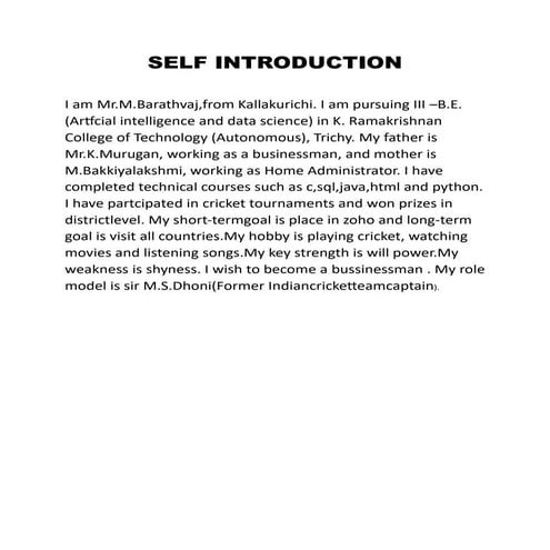 SELF INTRODUCTION -Roll.no AD21011- KRCT | DOCX | Technology & Computing