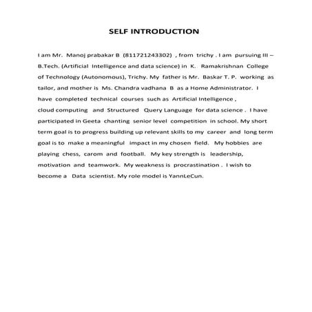 My self introduction to know others abut me | PDF