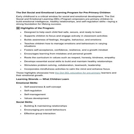 SEL Education for Pre primary Children and Kindergarten | PDF