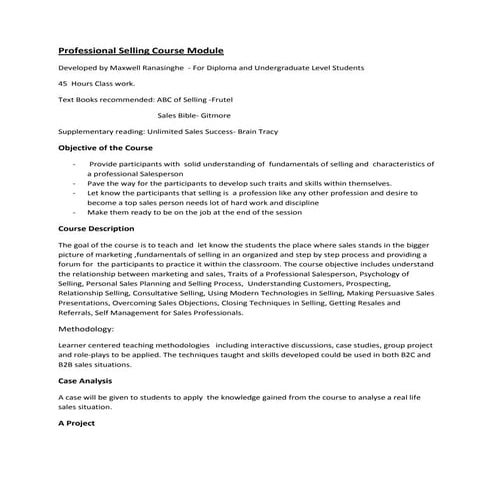 Professional Selling Syllubus ( course module) | DOCX | Sales | Business
