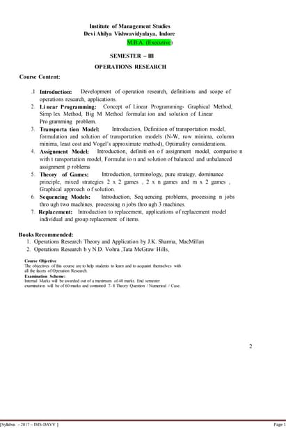 MBA Syllabus of University Of Mysore - 1st semester | PDF