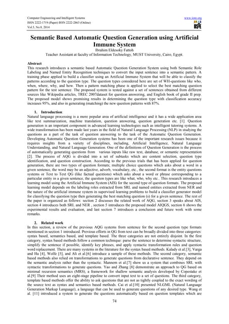 Semantic Based Automatic Question Generation Using Artificial Immune System Pdf