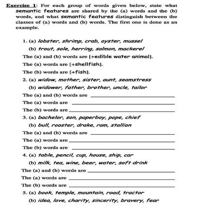 Semantics Session 1 Word meaning Exercises | PDF