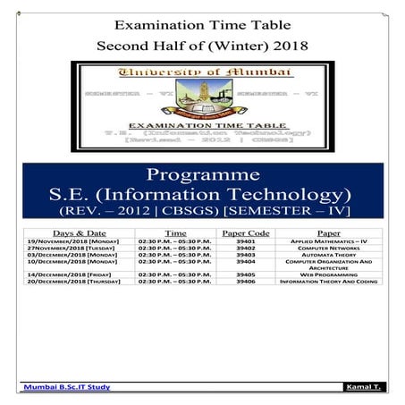 Examination Time Table Se Information Technology Rev 2012 Cbsgs Semester Iv Pdf 