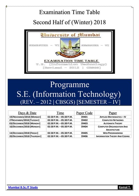 Examination Time Table Se Information Technology Rev 2012 Cbsgs Semester Iv Pdf