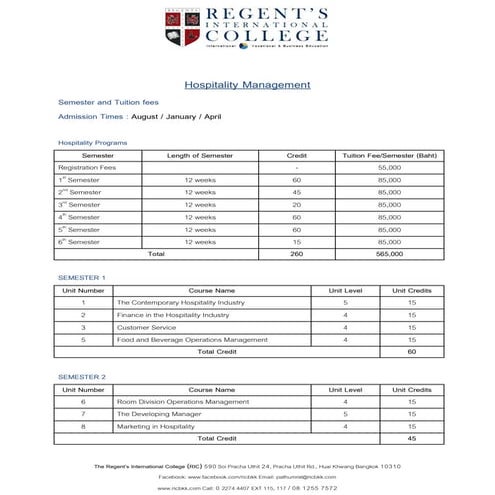 Regent's International Semester and tuition fees for hospitality ...