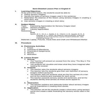 Semi-detailed lesson plan in English-9 sensory imagery | PDF
