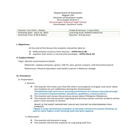 semi-detailed LP in health 3rd quarter - stress-.docx health quarter ...