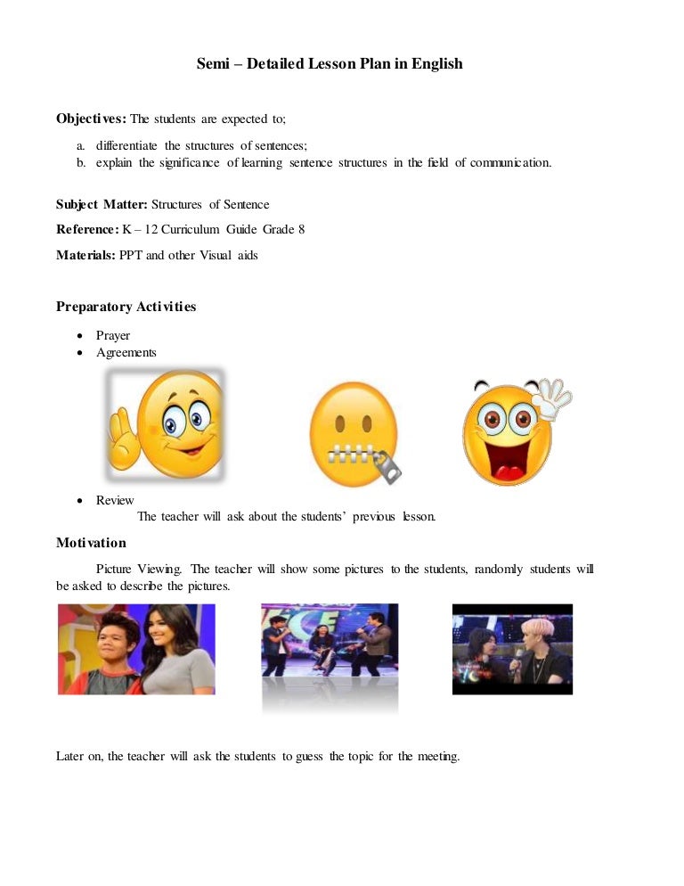 Semi detailed lesson plan for sentence structure