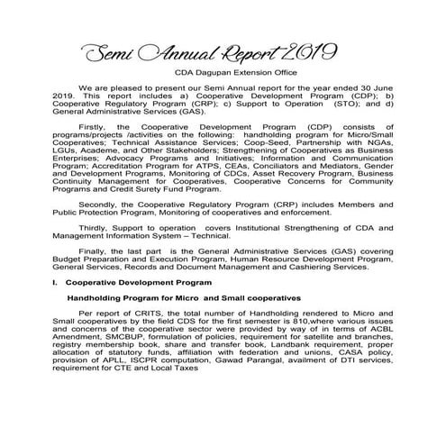 Semi Annual Narrative Report of CDA Dagupan Extension Office Aug 15 | PDF