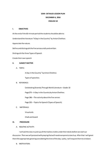 DETAILED LESSON PLAN IN ENGLISH GRADE 10 | DOC | Debated Sensitive ...