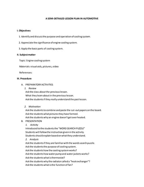 A detailed lesson plan in automotive | DOCX