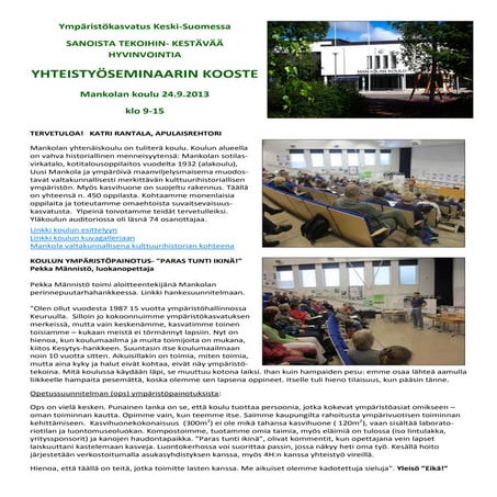 Ympäristökasvatus Keski-Suomessa: SANOISTA TEKOIHIN- KESTÄVÄÄ HYVINVOINTIA YHTEISTYÖSEMINAARIN ...