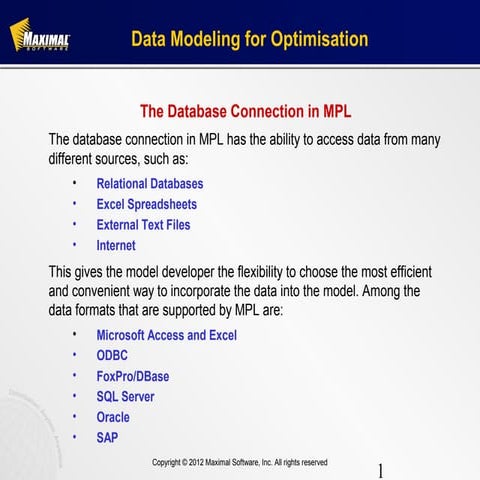 Seminar: Data Modeling for Optimization with MPL - Oct 2012 | PPT