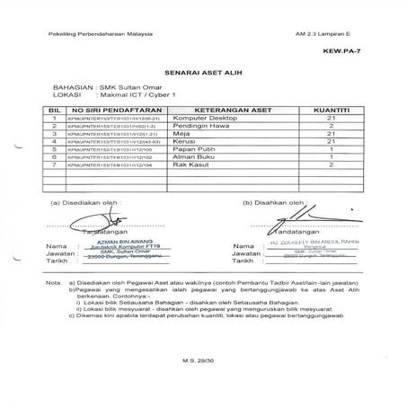 Senarai Aset Alih (KEW.PA-7) Peralatan ICT SMKSO | PDF