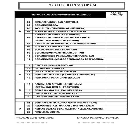 Senarai kandungan portoflio praktikum | DOCX