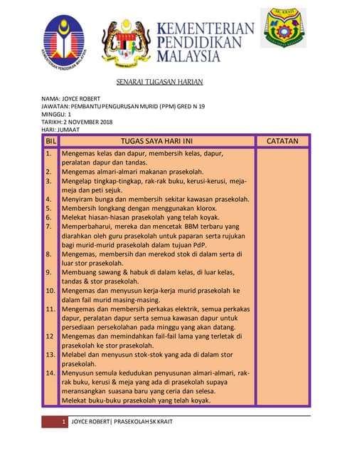 CATATAN TUGASAN HARIAN PPM PPKI - 2017 | PDF