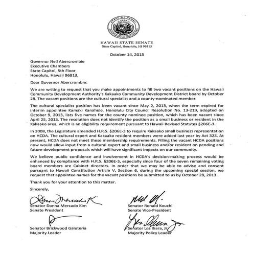 Senate letter to gov 10 4-13 | PDF