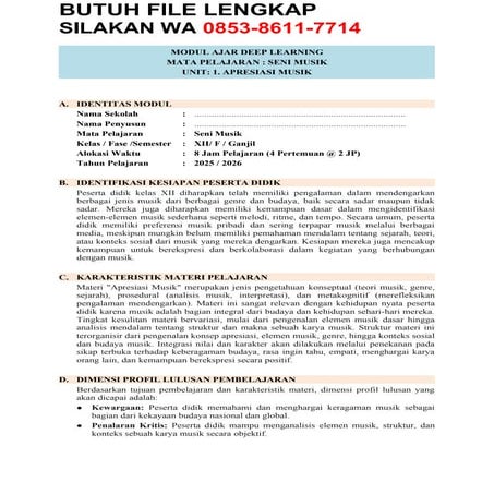 Modul Ajar Pembelajaran Mendalam SBK Seni Musik Kelas XII Terbaru 2025 | DOCX