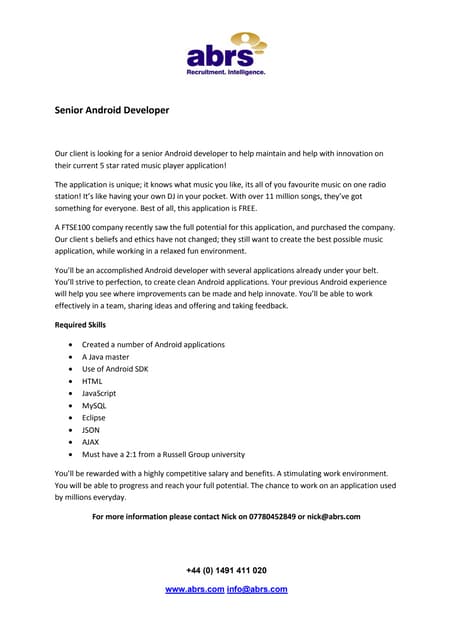 Senior Android Developer Job From Abrs Pdf Operating Systems